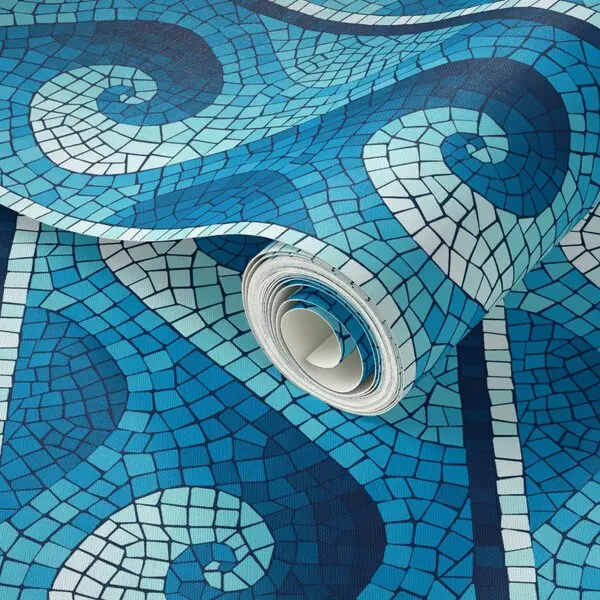 Spoonflower Blue Aqua Mosaic Border Wave Northsun Spiralwave Custom Pre-pasted Wallpaper - Blue,aqua