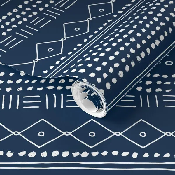 Spoonflower Mudcloth Bohemian Mayan Aztec Rustic Farmhouse Custom Pre-pasted Wallpaper - Navy,blue