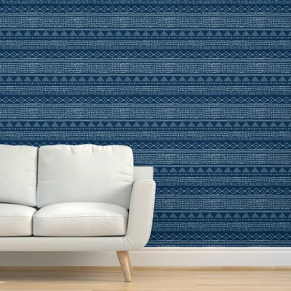 Spoonflower Mudcloth Bohemian Mayan Aztec Rustic Farmhouse Custom Pre-pasted Wallpaper - Navy,blue