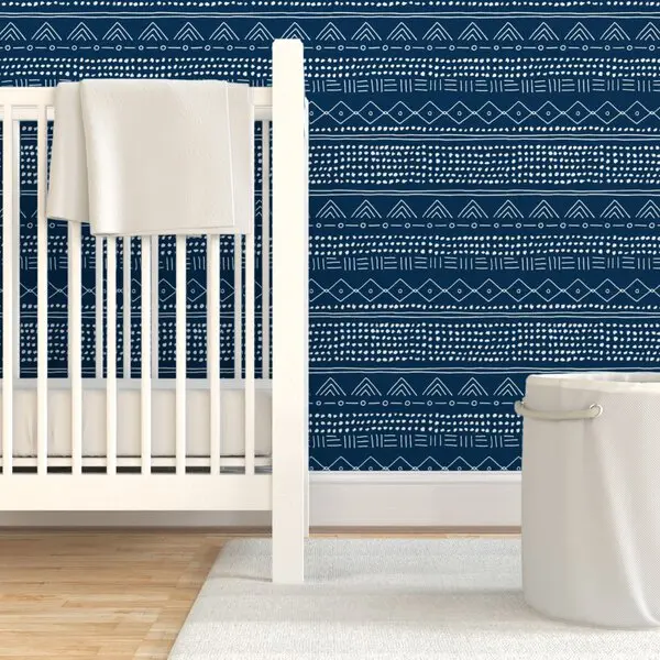 Spoonflower Mudcloth Bohemian Mayan Aztec Rustic Farmhouse Custom Pre-pasted Wallpaper - Navy,blue