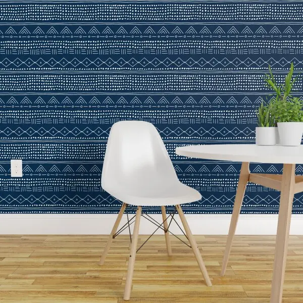Spoonflower Mudcloth Bohemian Mayan Aztec Rustic Farmhouse Custom Pre-pasted Wallpaper - Navy,blue