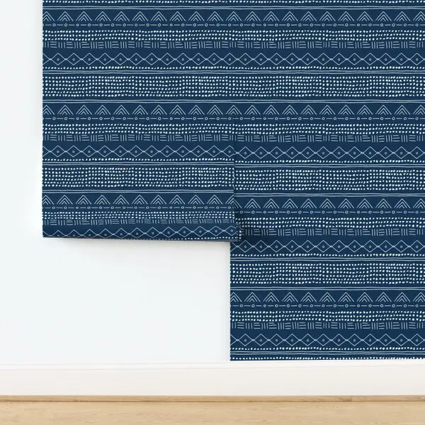 Spoonflower Mudcloth Bohemian Mayan Aztec Rustic Farmhouse Custom Pre-pasted Wallpaper - Navy,blue