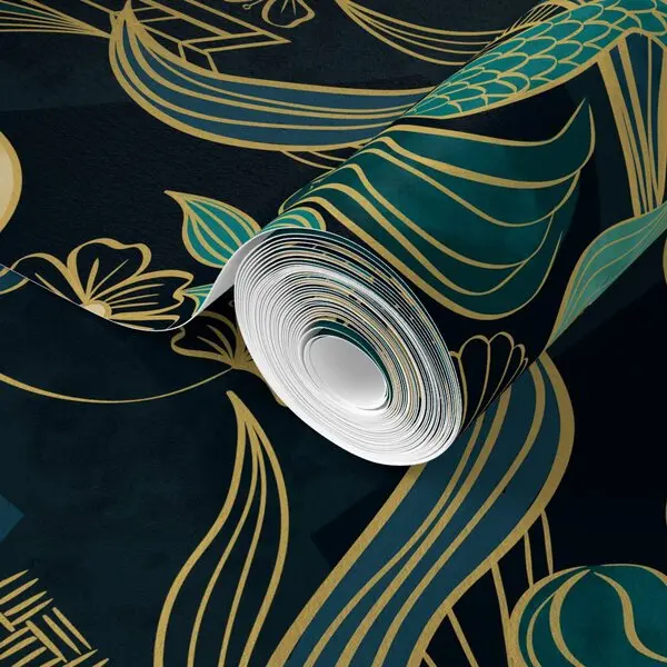Spoonflower Mermaid In Moonlight Custom Pre-pasted Wallpaper - Gold