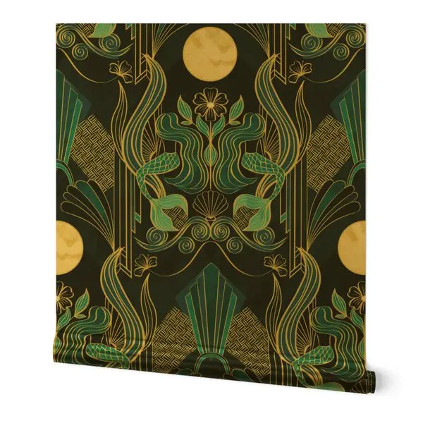Spoonflower Mermaid In Moonlight Custom Pre-pasted Wallpaper
