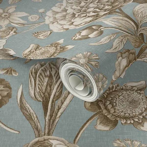 Spoonflower Botanical Blue Green Vintage Sepia Floral Custom Pre-pasted Wallpaper - Green,beige,brown