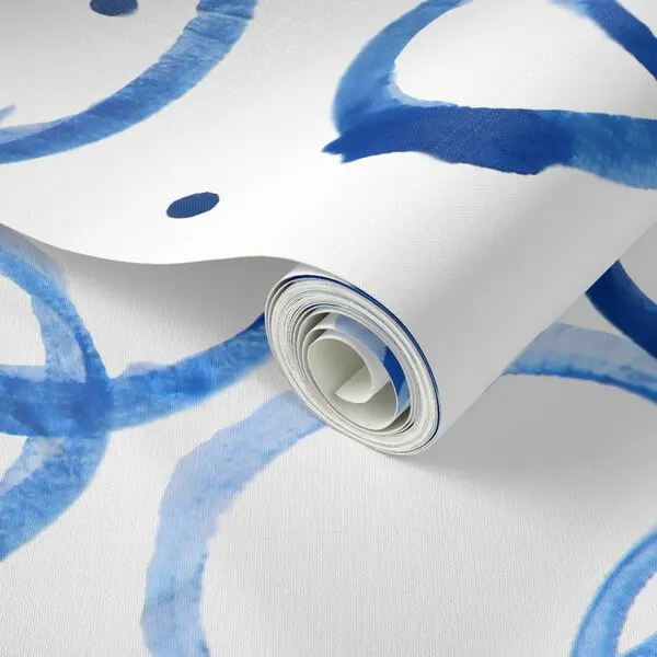 Spoonflower Blue Circles Abstract Paint Brush Traditional Wallpaper - Blue,white,gray
