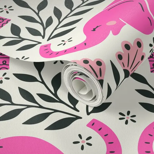 Spoonflower Lucky Elephants Pink Cute Asian Floral Modern Custom Pre-pasted Wallpaper - Pink,black