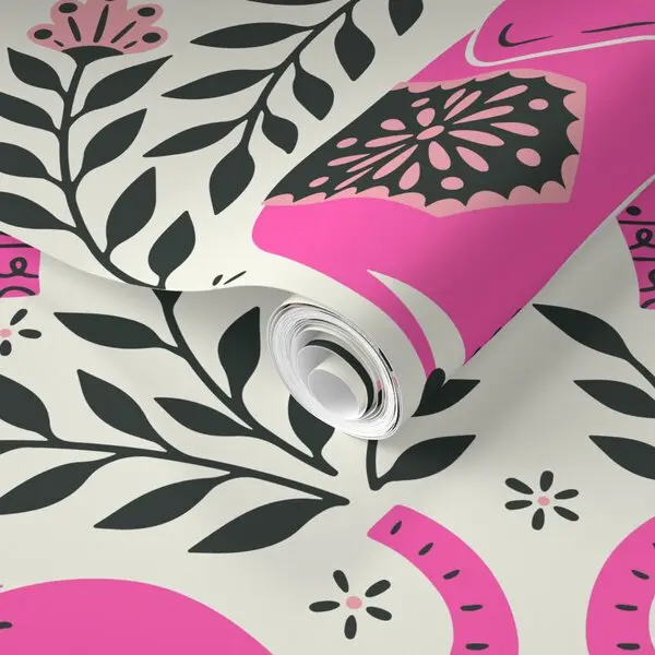 Spoonflower Lucky Elephants Pink Cute Asian Floral Modern Custom Pre-pasted Wallpaper - Pink,black