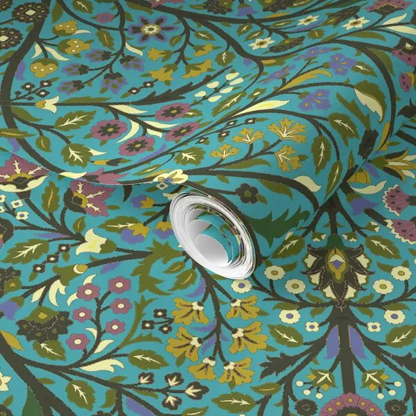 Spoonflower Garden Paradise Art Deco Moroccan Nouveau Damask Traditional Wallpaper - Green,blue,yellow