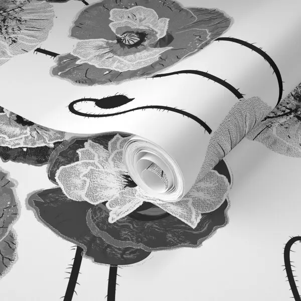 Spoonflower Black And White Flowers Floral Brush Poppies Traditional Wallpaper - Black,white,gray
