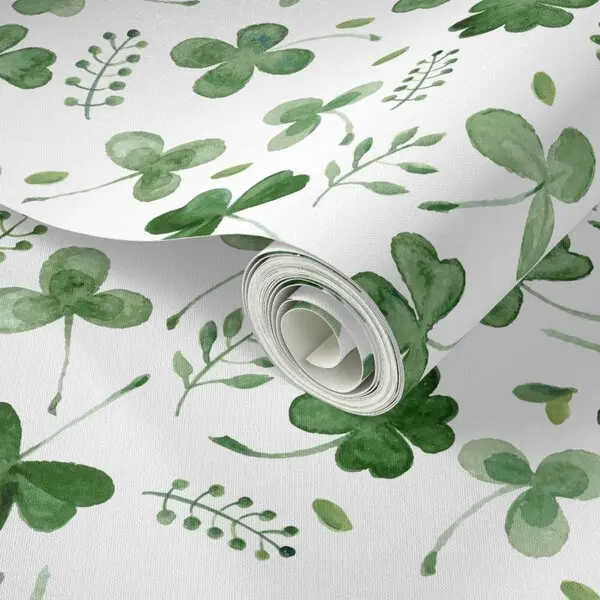 Spoonflower Watercolor Shamrocks Shamrock Clover Green Custom Removable Wallpaper - Green,white,mint