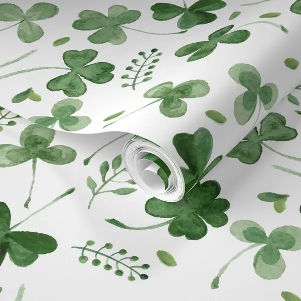 Spoonflower Watercolor Shamrocks Shamrock Clover Green Custom Removable Wallpaper - Green,white,mint