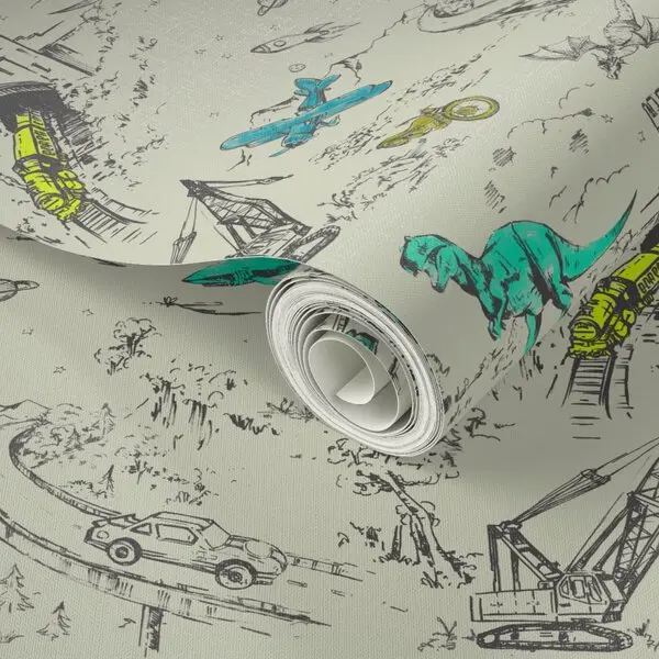 Spoonflower Adventure Toile Car Plane Train Shark Traditional Wallpaper - Green,blue,sage