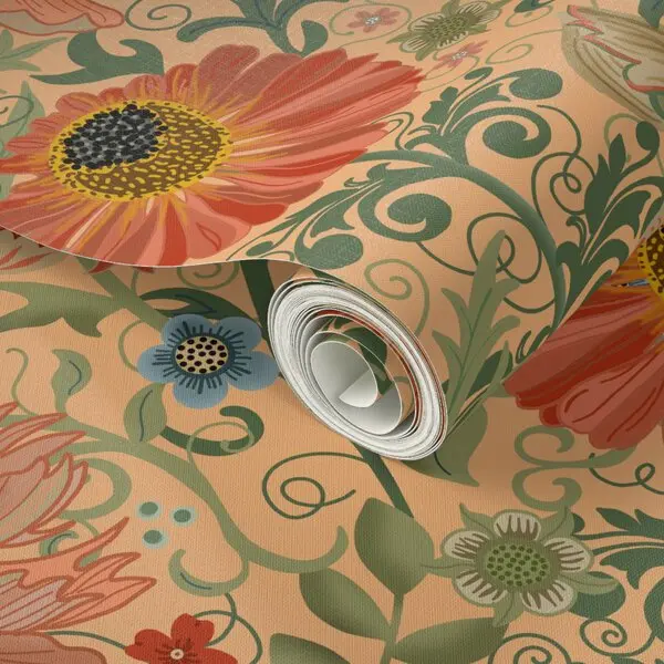 Spoonflower Le Jardin Art Nouveau Orange Custom Pre-pasted Wallpaper - Brown,green