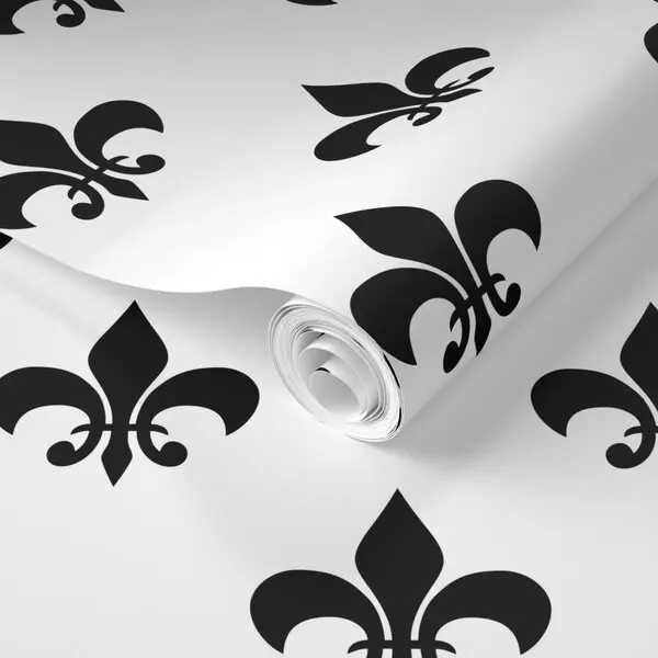 Spoonflower Black Fleur De Lis On White Custom Pre-pasted Wallpaper - Black,white,gray