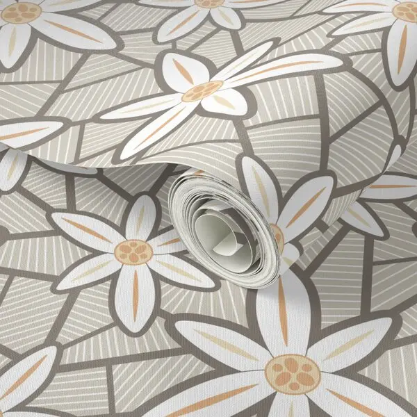 Spoonflower Lily Lilies Taupe Brenda Zapotosky Floral Flower Custom Pre-pasted Wallpaper - Gray