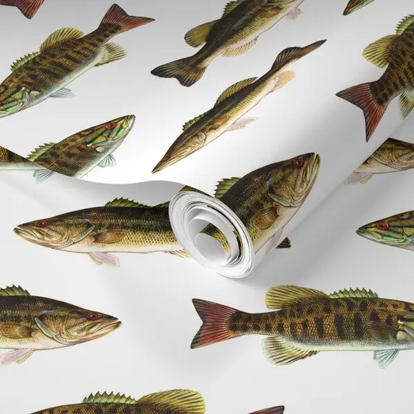 Spoonflower Fish Bass Michigan Largemouth Smallmouth Kfishing Custom Pre-pasted Wallpaper - Gray,green,brown