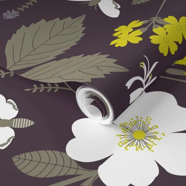 Spoonflower Flowers Botanical Midsummer Shakespeare Custom Pre-pasted Wallpaper - Purple,white,gray
