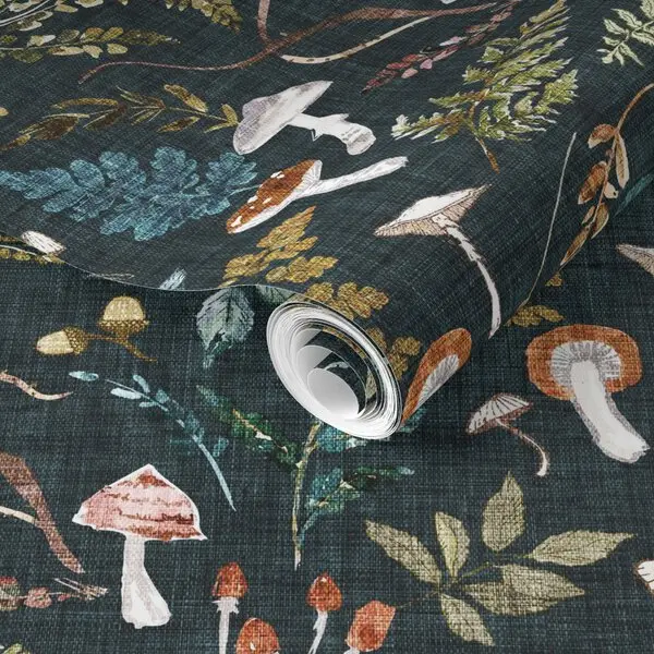 Spoonflower Black Vintage Nature Forest Woodland Leaf Fern Custom Removable Wallpaper - Teal
