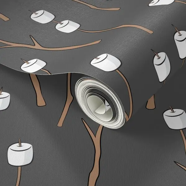 Spoonflower Marshmallows Dark Gray Camping Sticks Trendy Custom Pre-pasted Wallpaper - Brown,gray