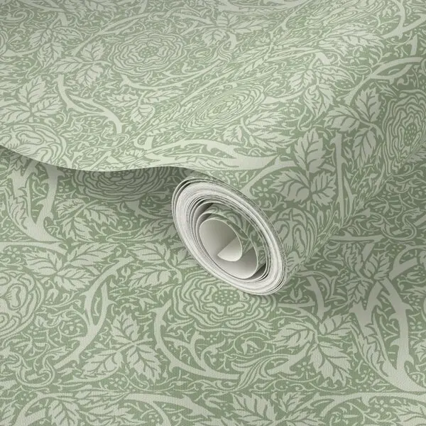 Spoonflower Classics Greek Roses Sage William Morris Custom Removable Wallpaper - Green