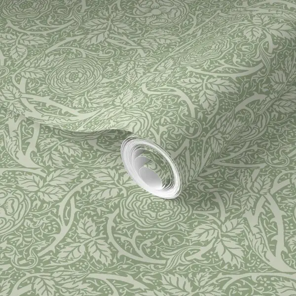 Spoonflower Classics Greek Roses Sage William Morris Traditional Wallpaper - Green