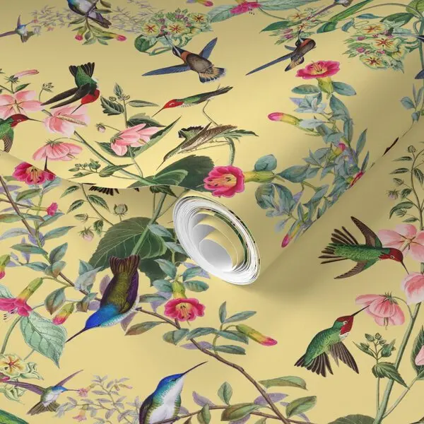 Spoonflower Hummingbird Bird Yellow Flowers Floral Traditional Custom Pre-pasted Wallpaper - Brown,green