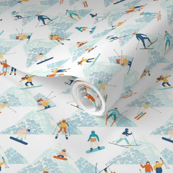 Spoonflower Skiing Winter Scene Snowboarding Sports Outdoor Custom Pre-pasted Wallpaper - White,blue,teal