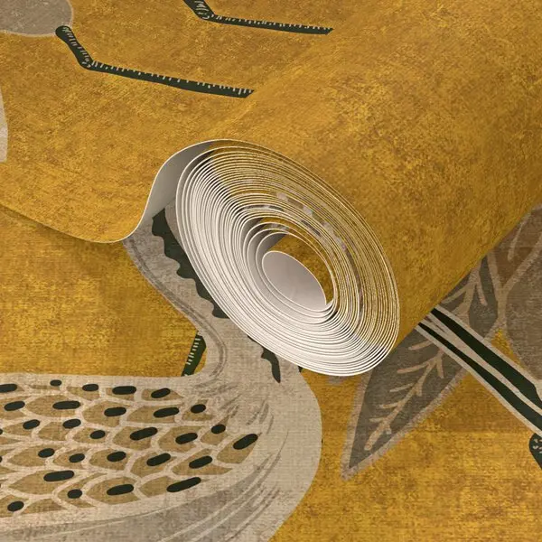 Spoonflower Deco Cranes Golden Birds Oriental Texture Custom Pre-pasted Wallpaper - Gold