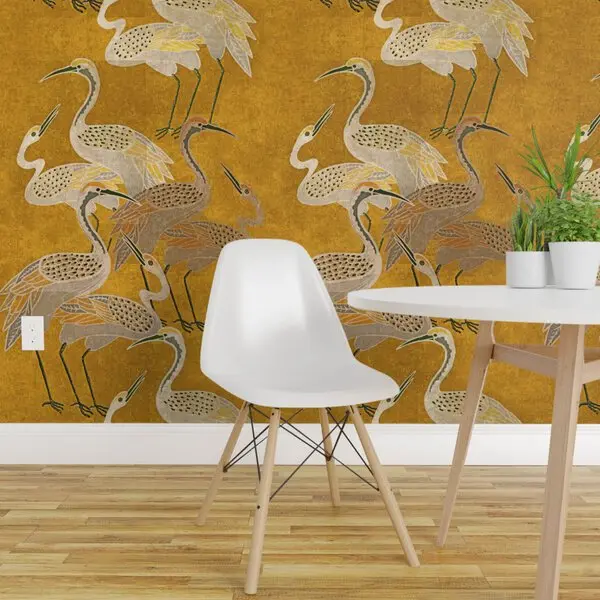 Spoonflower Deco Cranes Golden Birds Oriental Texture Custom Pre-pasted Wallpaper - Gold