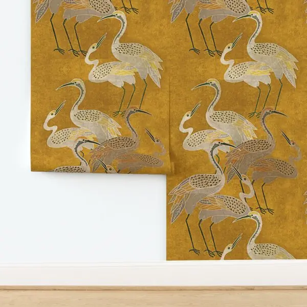 Spoonflower Deco Cranes Golden Birds Oriental Texture Custom Pre-pasted Wallpaper - Gold