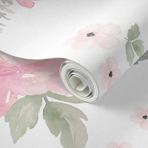 Spoonflower Sweet Blush Roses Pink Flowers Floral Nursery Custom Pre-pasted Wallpaper - Pink,white,black