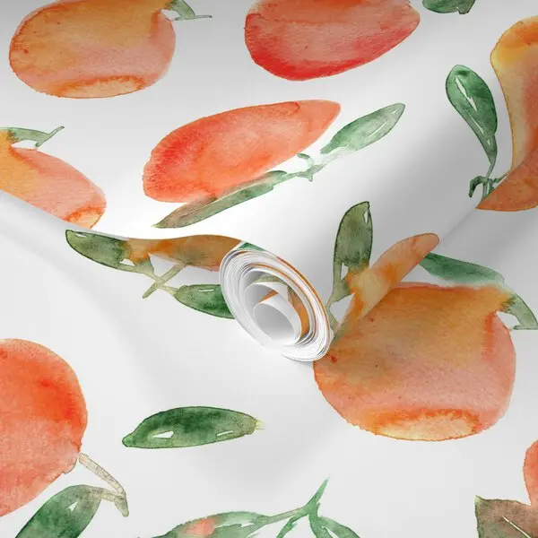 Spoonflower Watercolor Oranges Orange Fruit Citrus Kitchen Custom Pre-pasted Wallpaper - Orange,white,gray