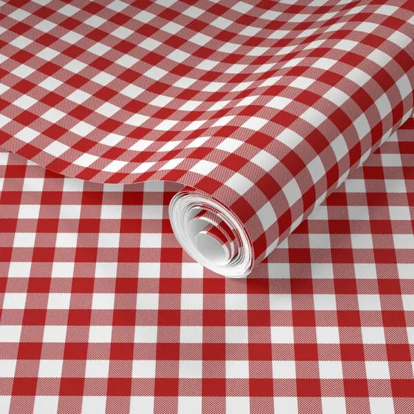 Spoonflower Plaid Red Gingham Check Redgingham Traditional Wallpaper - Pink,white,red