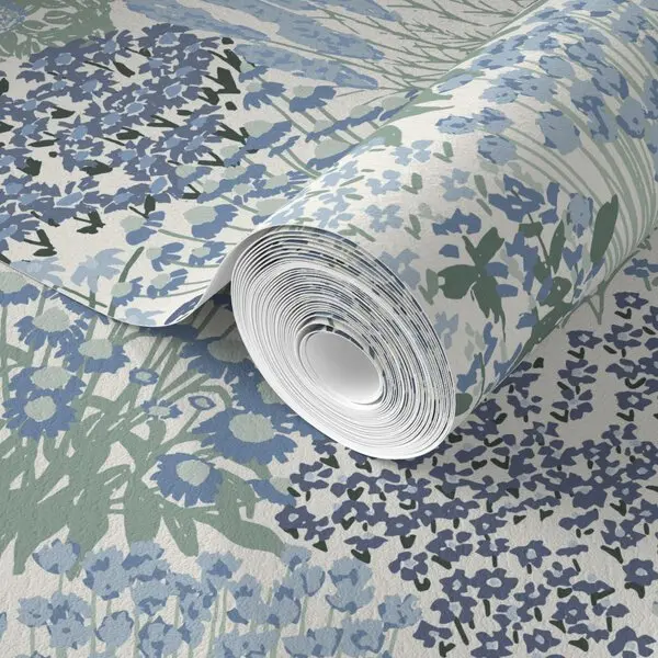 Spoonflower Wallpaper Botanical Meadow Flowers Summer Custom Pre-pasted Wallpaper - Blue
