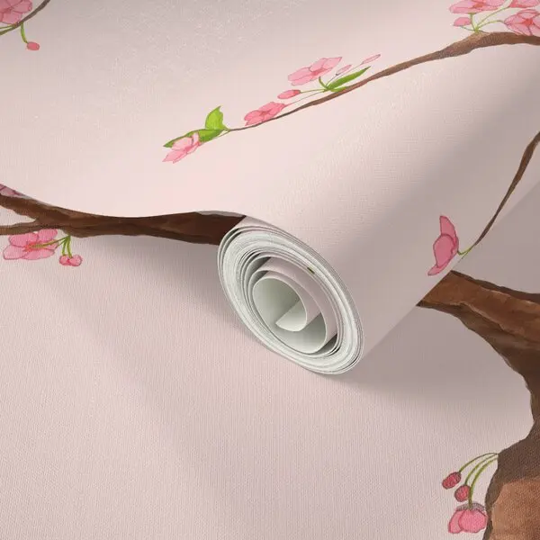 Spoonflower Pink Chinoiserie Garden Cherry Blossoms Flowers Traditional Wallpaper - Pink,brown,gray