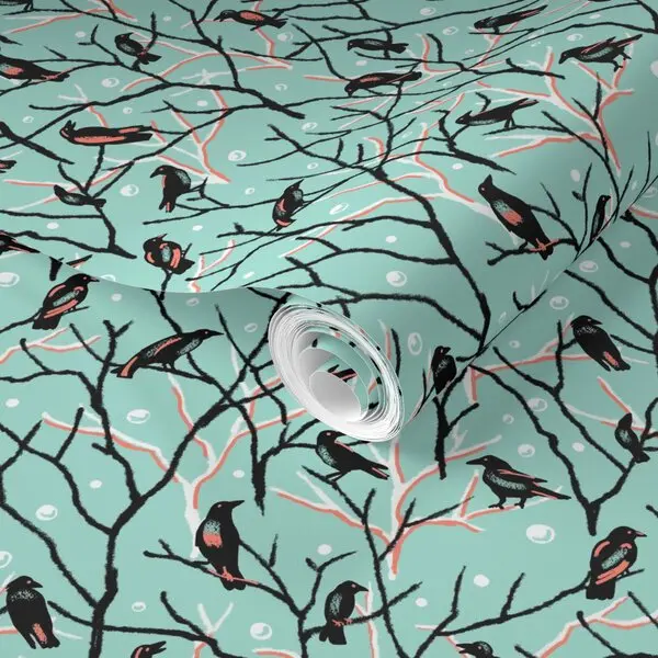 Spoonflower Crows Mint And Coral White Black Silhouette Birds Custom Removable Wallpaper - Blue,black,teal