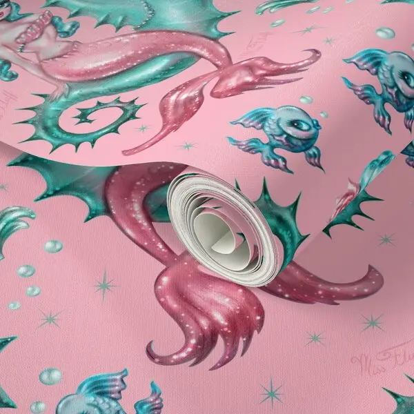 Spoonflower Mysterious Mermaid On Pink Custom Pre-pasted Wallpaper - Pink,blue,red