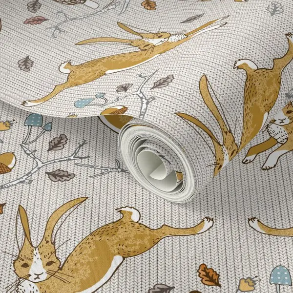 Spoonflower Rabbit Woodland Mushroom Damask Forest Nursery Custom Pre-pasted Wallpaper