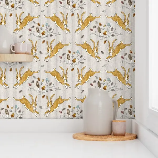 Spoonflower Rabbit Woodland Mushroom Damask Forest Nursery Custom Pre-pasted Wallpaper
