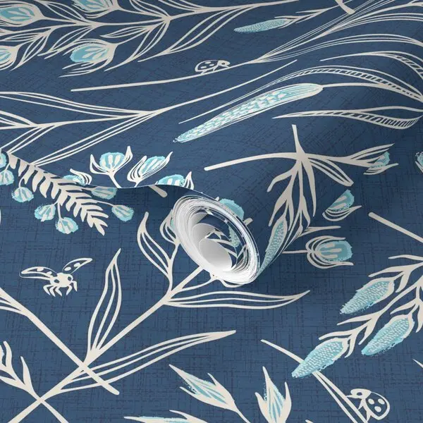 Spoonflower Grasses The Sea Navy Custom Pre-pasted Wallpaper - Blue,navy