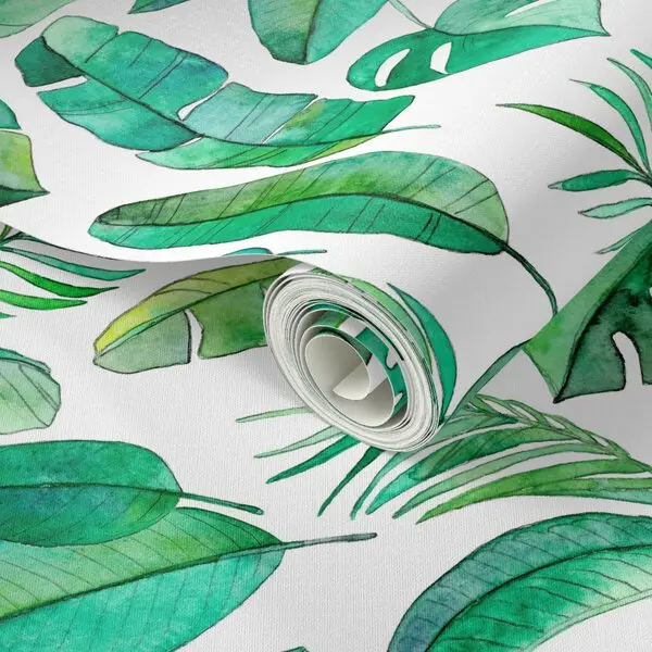 Spoonflower Tropical Palm Leaf Leaves Monstera Green White Custom Pre-pasted Wallpaper - Green,white,mint