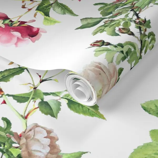 Spoonflower Floral Botanical Watercolor Roses Victorian Traditional Wallpaper - Pink,white,green