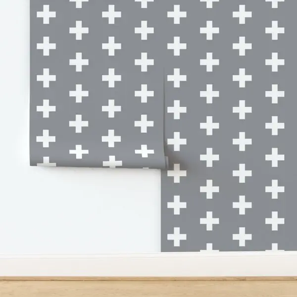 Spoonflower Plus Sign Cross White Modern Nursery Gender Custom Pre-pasted Wallpaper - Gray