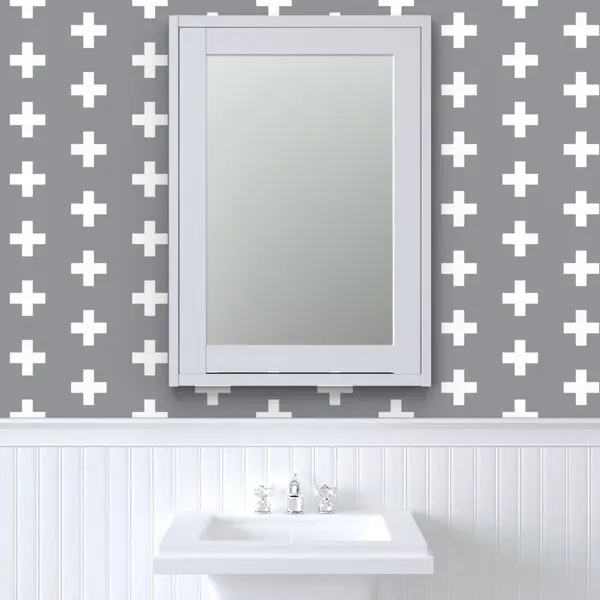 Spoonflower Plus Sign Cross White Modern Nursery Gender Custom Pre-pasted Wallpaper - Gray