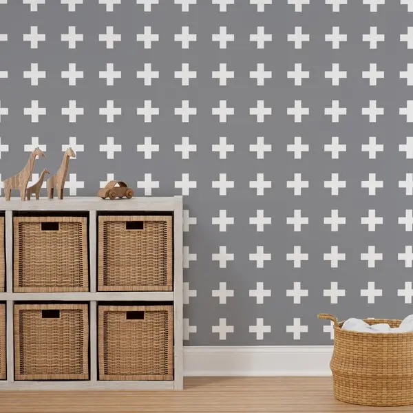 Spoonflower Plus Sign Cross White Modern Nursery Gender Custom Pre-pasted Wallpaper - Gray
