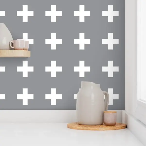 Spoonflower Plus Sign Cross White Modern Nursery Gender Custom Pre-pasted Wallpaper - Gray