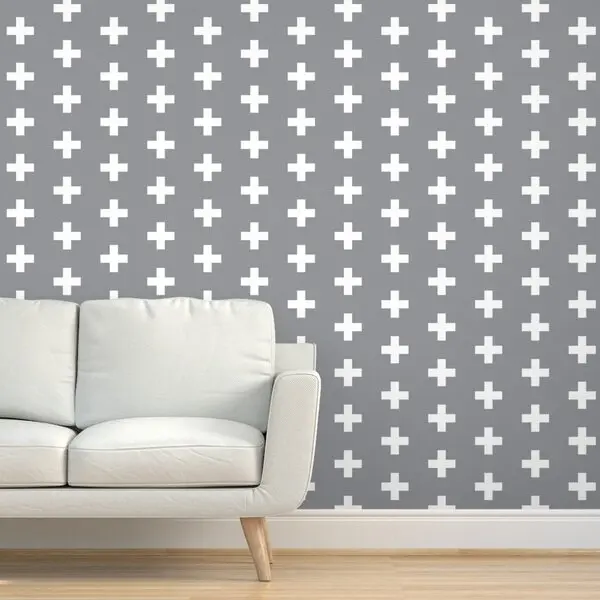 Spoonflower Plus Sign Cross White Modern Nursery Gender Custom Pre-pasted Wallpaper - Gray