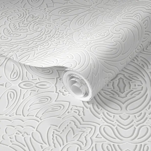 Spoonflower White Modern Paisley Contemporary Traditional Wallpaper - White,gray