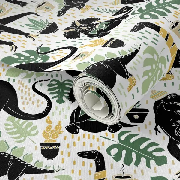 Spoonflower Black And White Green Cute Fun Illustration Custom Pre-pasted Wallpaper - Green,black,gray